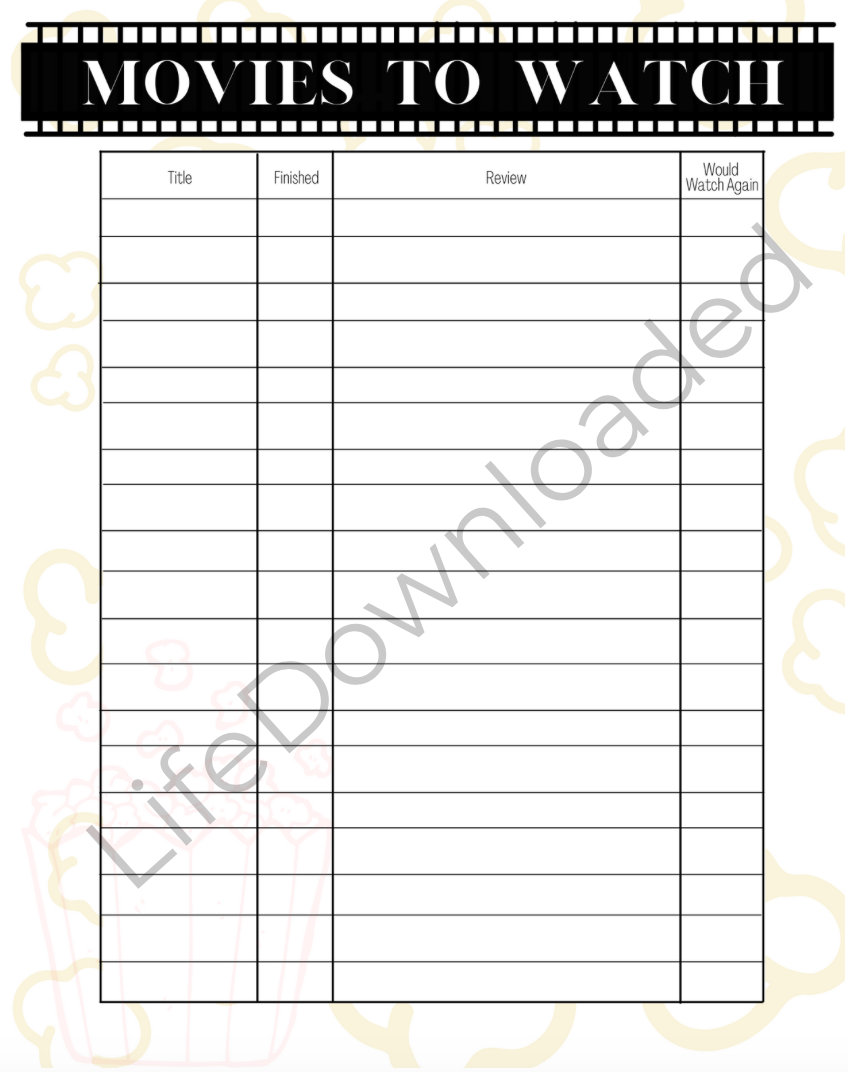 Printable Movies to Watch List Template L Editable L Instant Digital ...