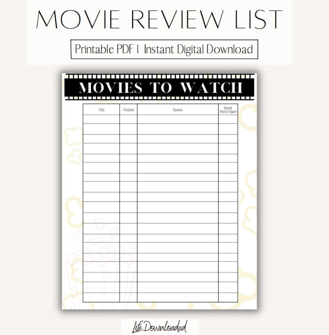 Printable Movies to Watch List Template L Editable L Instant Digital ...