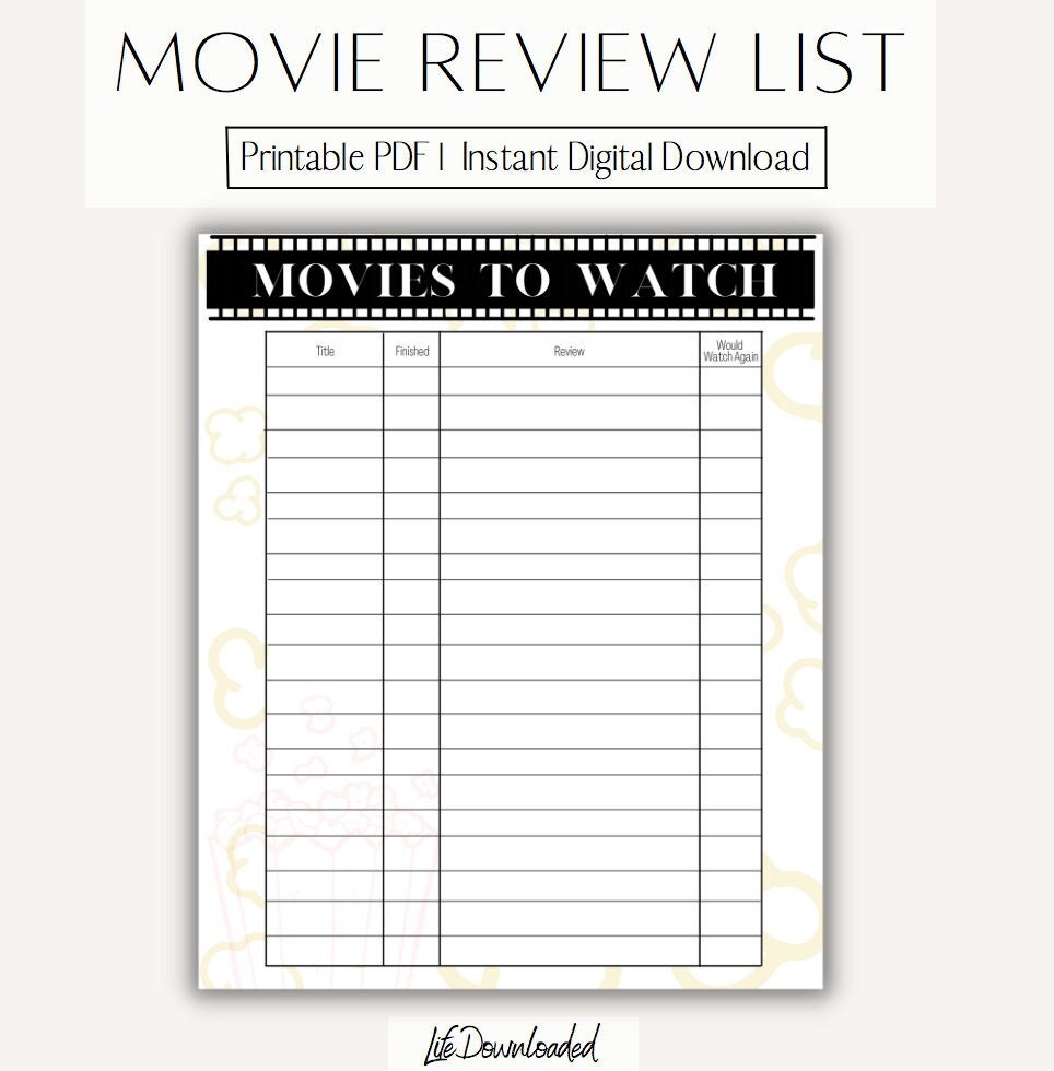 Printable Movies to Watch List Template L Editable L Instant Digital ...