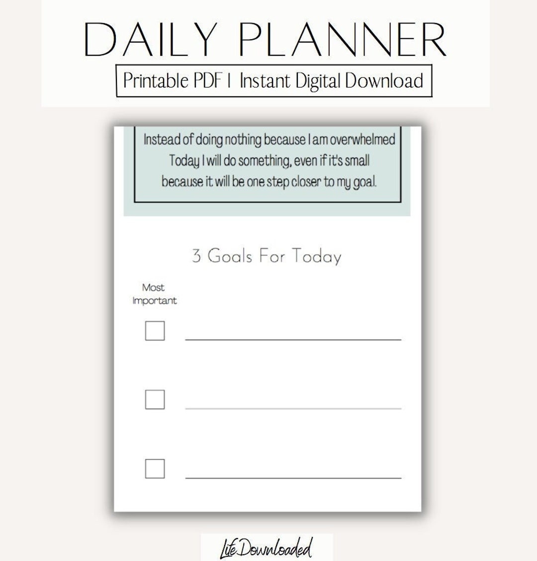 Printable 3 Daily Goals Simple to Do List With Motivational Quote L ...