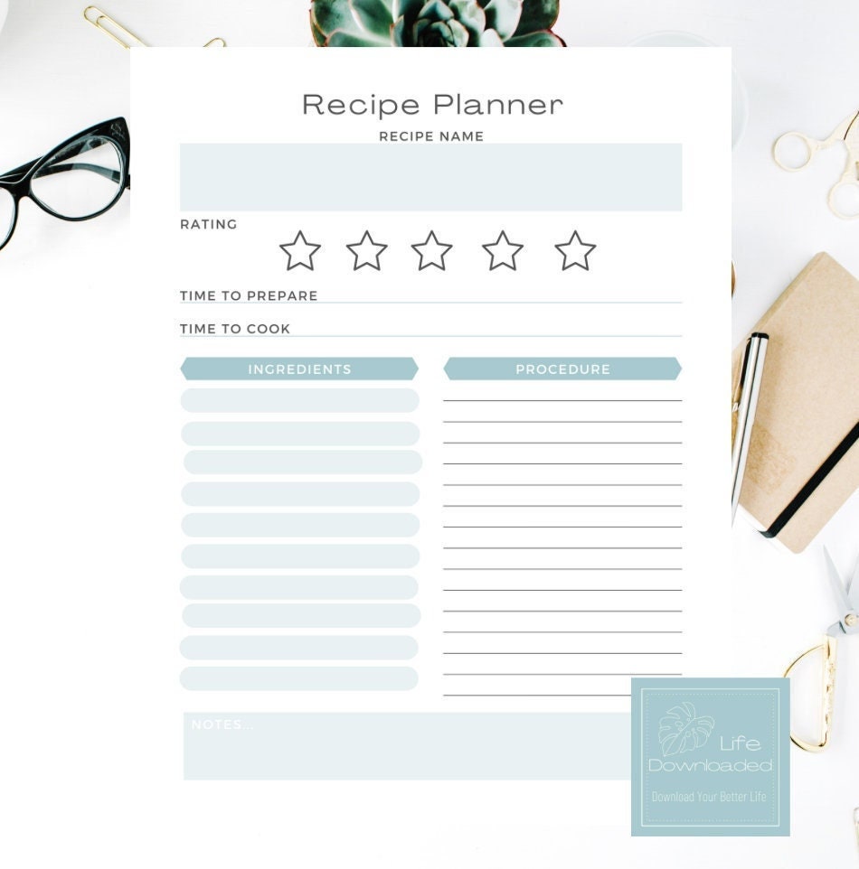 Printable Blank Food Recipe Planner L Blue Cookbook Sheet L Editable L ...