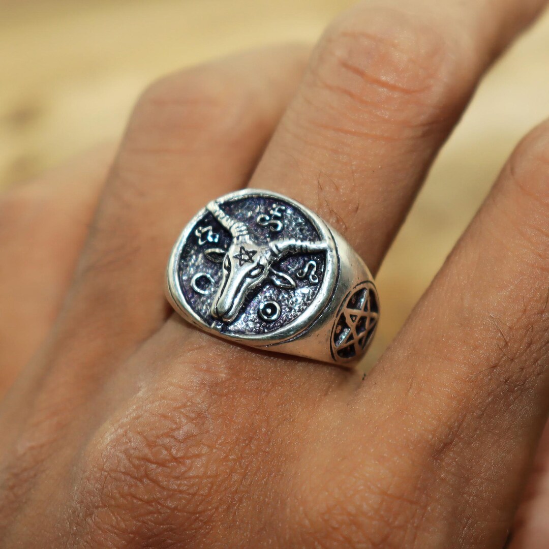 Silver Baphomet Ring Occult Statement Jewelry, Pentagram Motif (925 ...