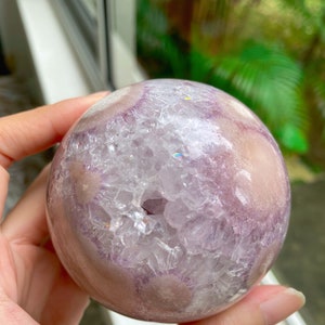 Pink Amethyst With Flower Agate Sphere (with Rainbow on Quartz Druzy) 7 ...