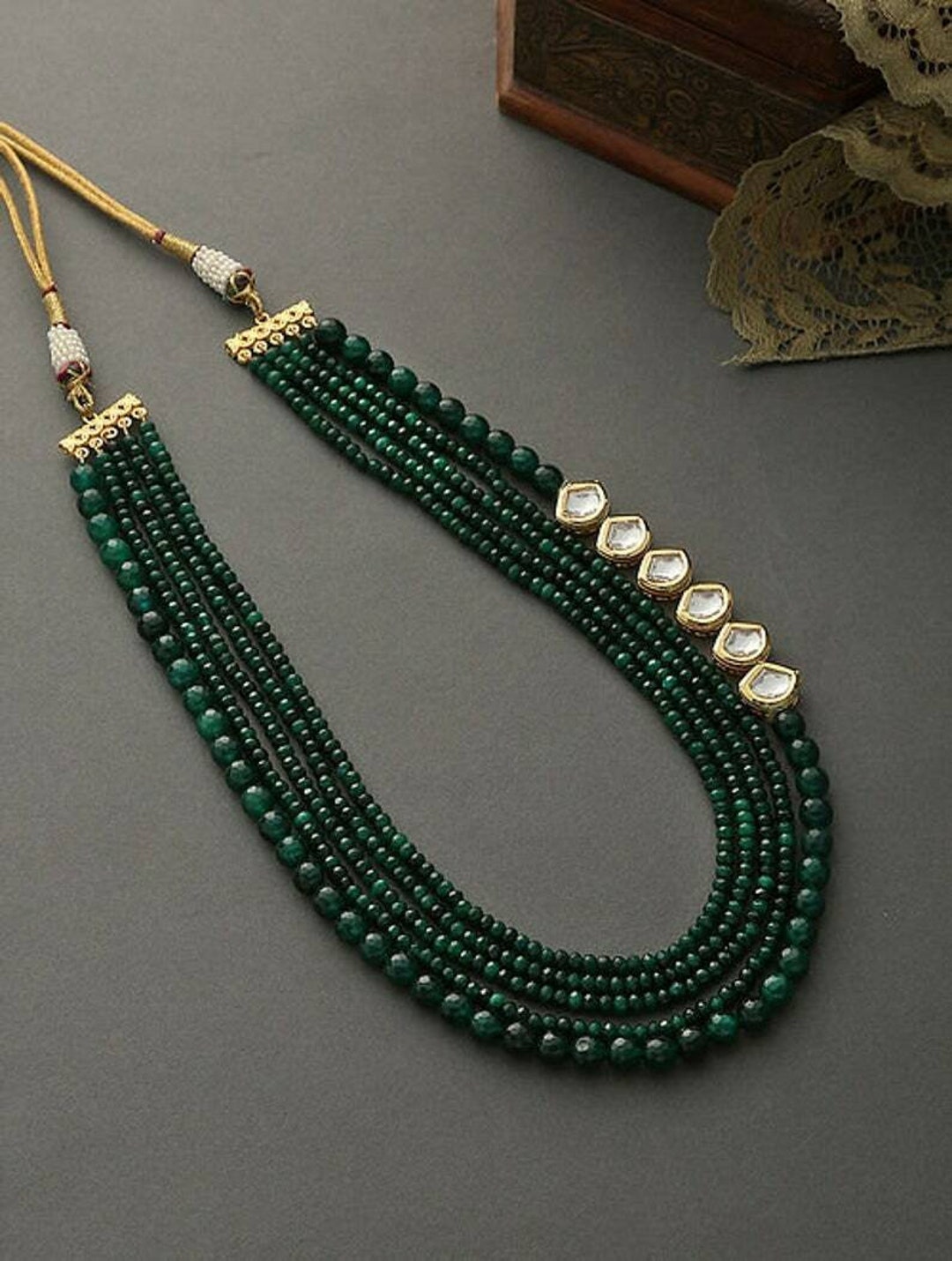 Green Mala Kundan Necklace Set, Long Kundan Jewellery, Indian Jewelry ...