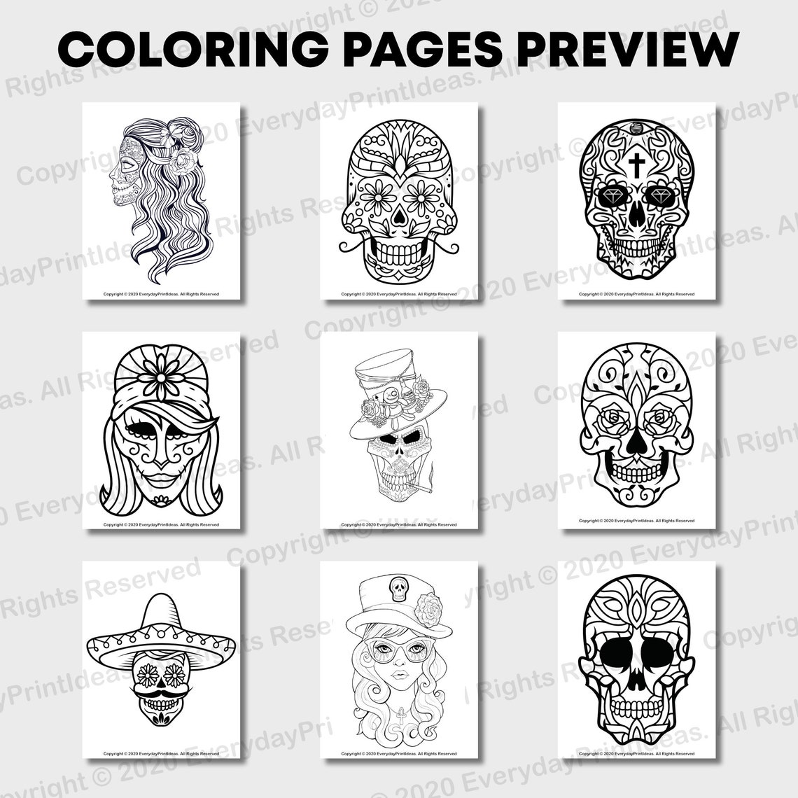 Dia De Los Muertos Sugar Skull Coloring Pages for Adults and - Etsy