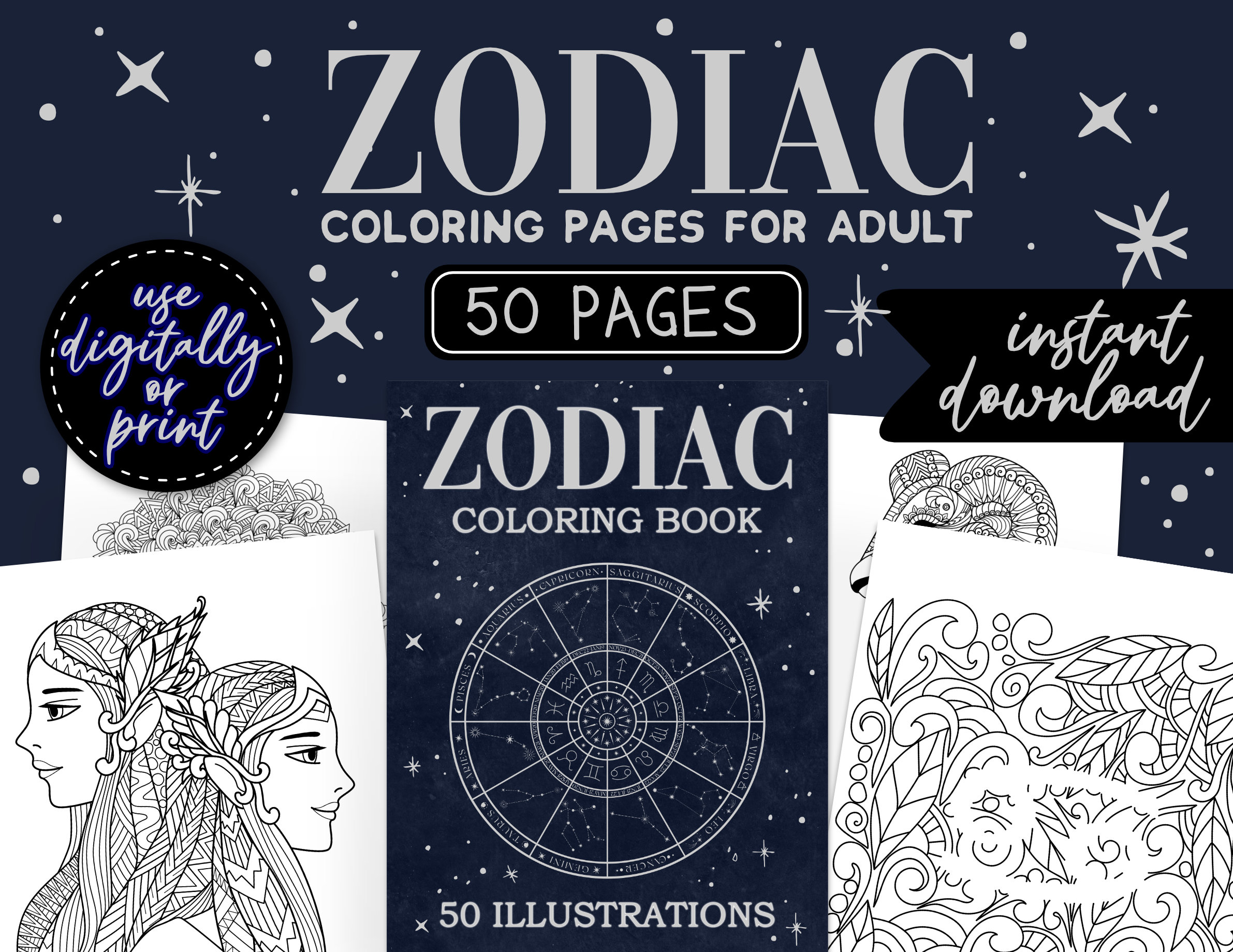 Zodiac Coloring Pages, Horoscope PDF Coloring Book Printable Digital ...