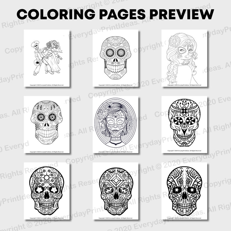 Dia De Los Muertos Sugar Skull Coloring Pages for Adults and Teens, PDF ...