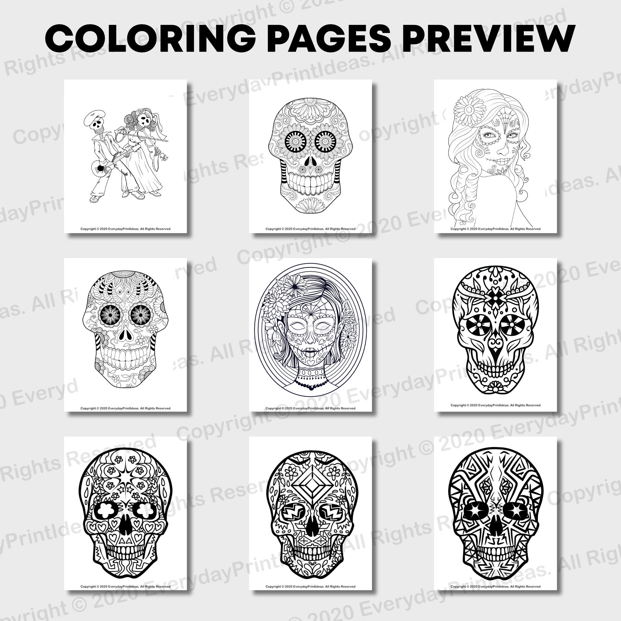 Dia De Los Muertos Sugar Skull Coloring Pages for Adults and - Etsy