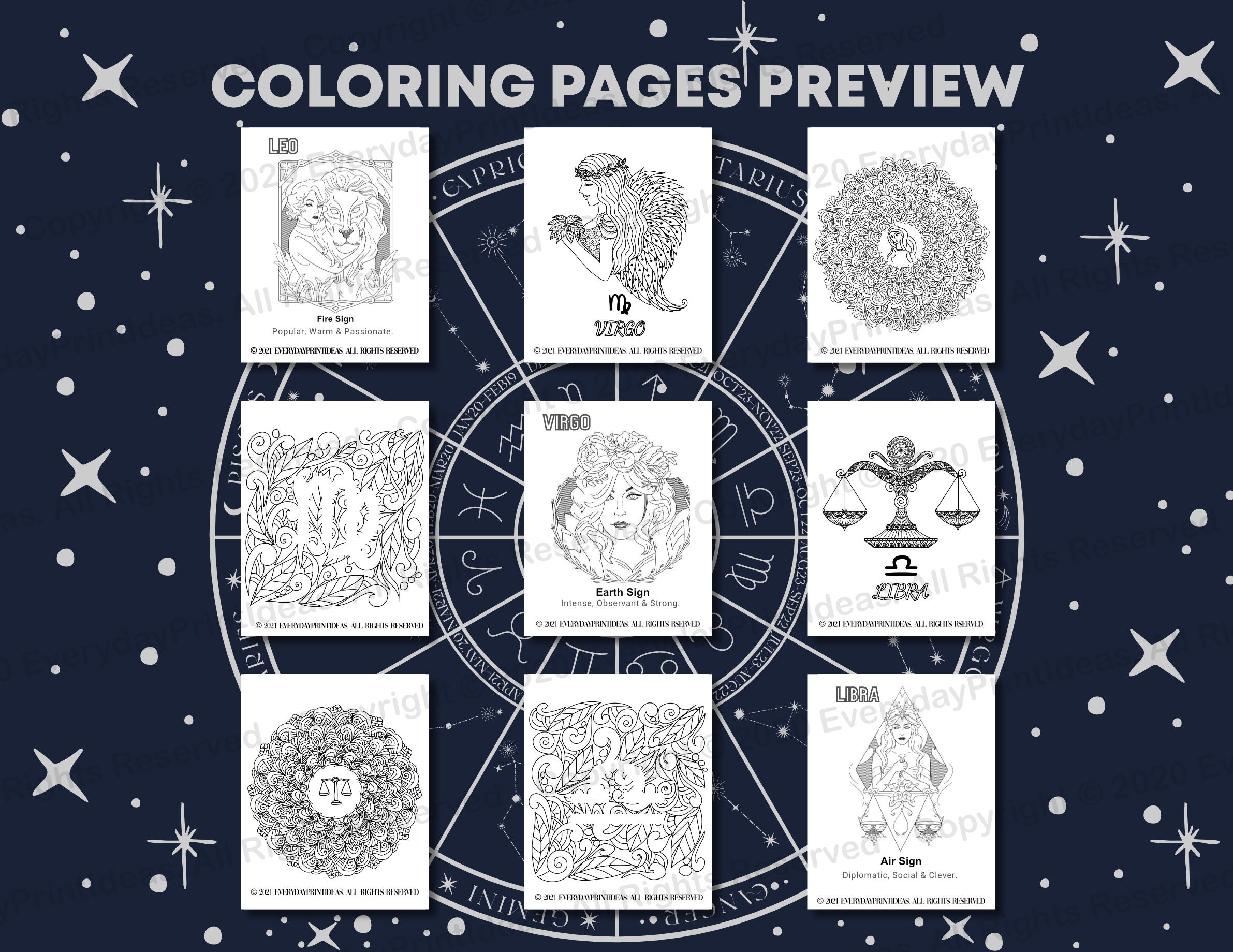 Zodiac Coloring Pages, Horoscope PDF Coloring Book Printable Digital ...