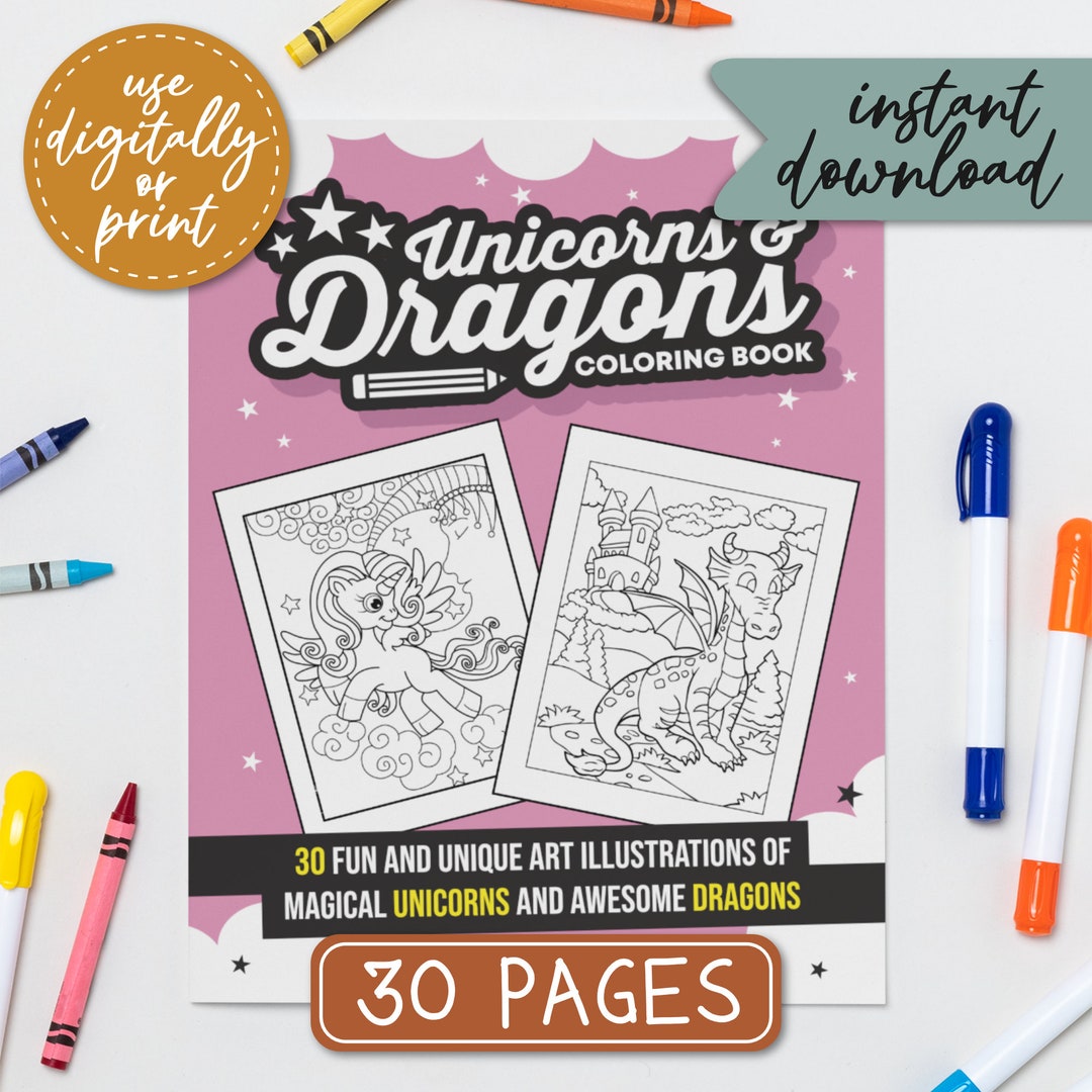 Unicorns and Dragons Coloring Pages for Kid Kids Ages 4-8, PDF Coloring ...