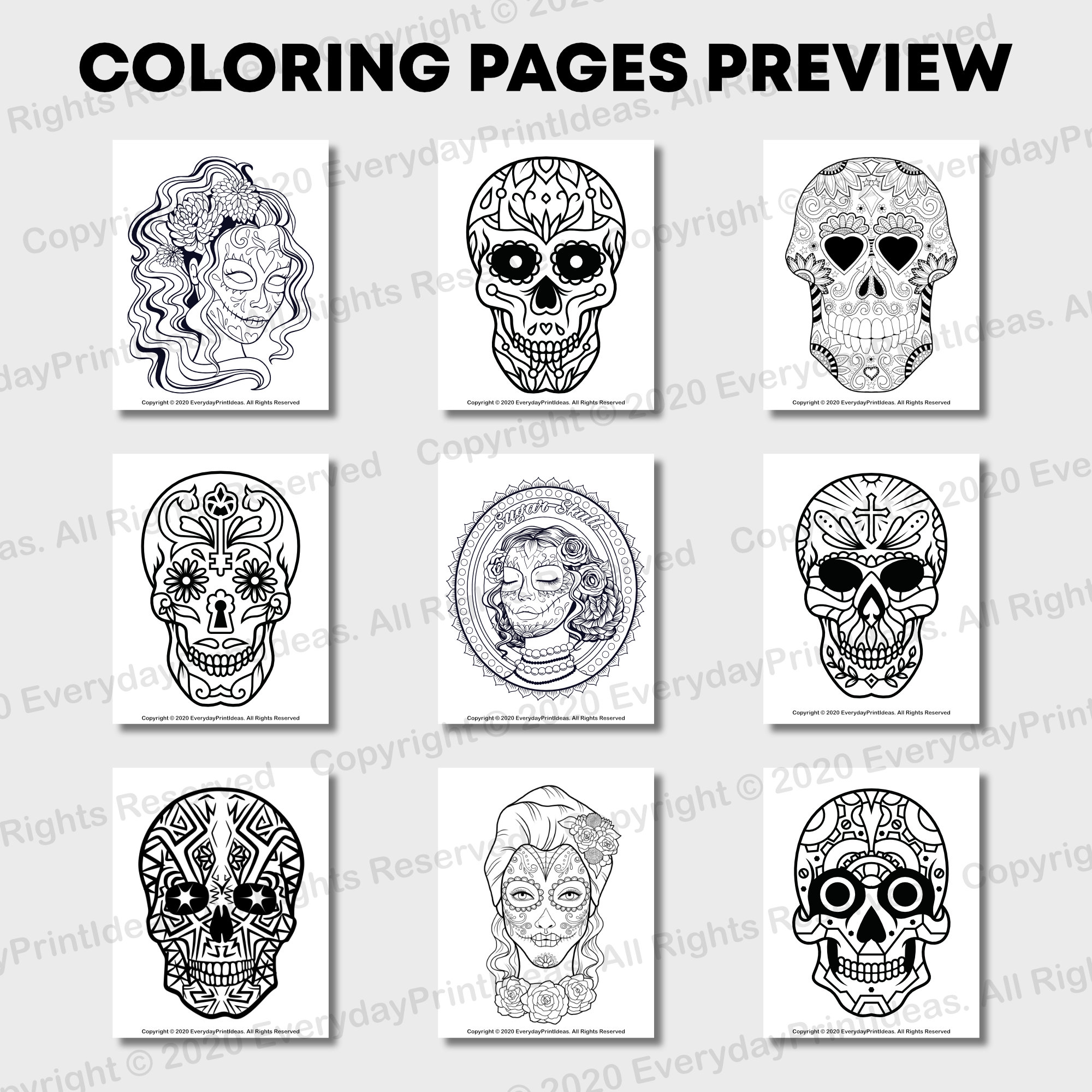 Dia De Los Muertos Sugar Skull Coloring Pages for Adults and - Etsy