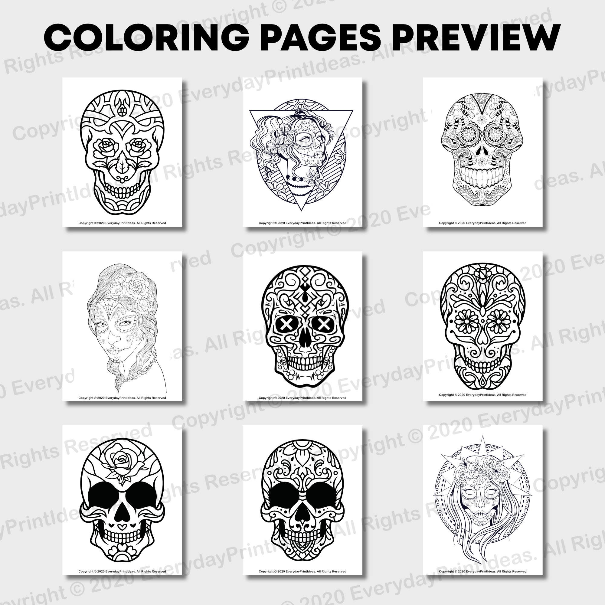 Dia De Los Muertos Sugar Skull Coloring Pages for Adults and - Etsy