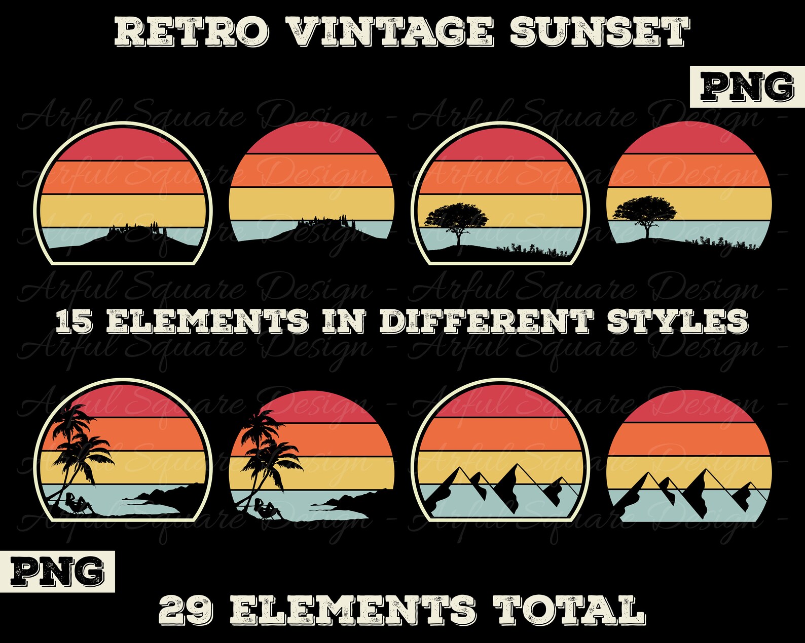 Retro Vintage Sunsets 15 Retro Sunset Clipart PNG Digital Download ...