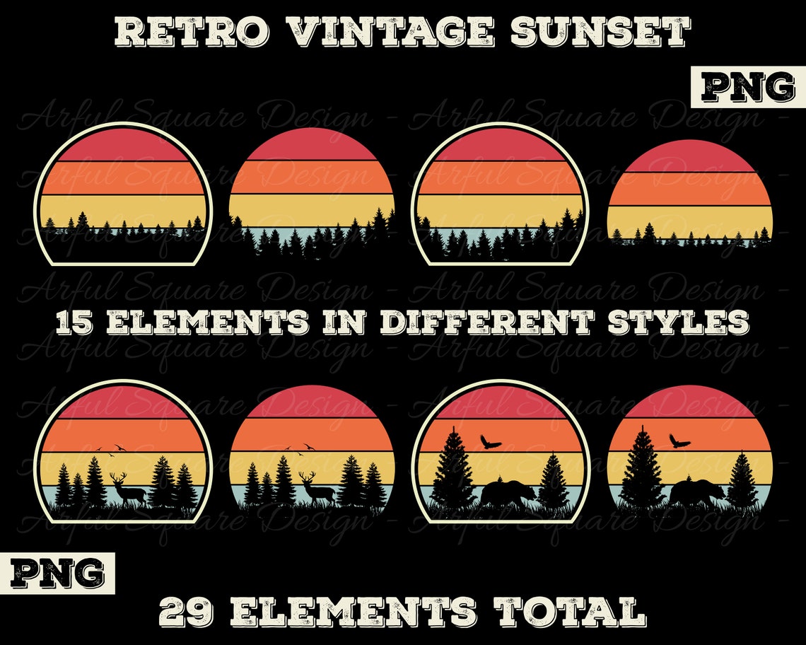 Retro Vintage Sunsets 15 Retro Sunset Clipart PNG Digital Download ...