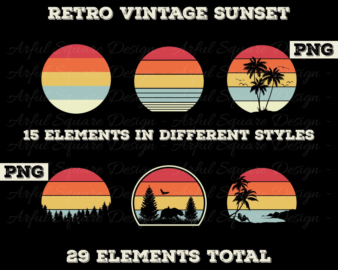 Retro Vintage Sunsets 15 Retro Sunset Clipart PNG Digital Download ...