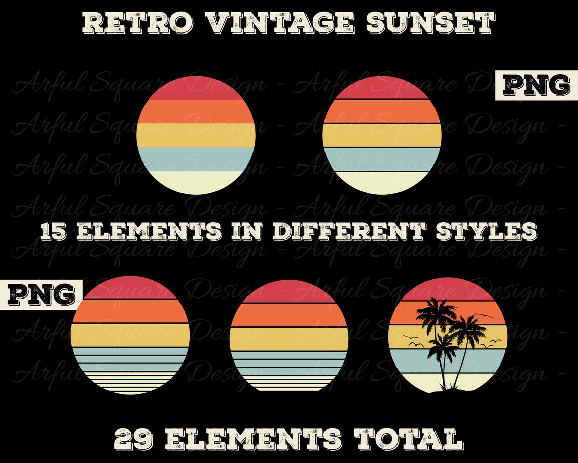 Retro Vintage Sunsets 15 Retro Sunset Clipart PNG Digital Download ...