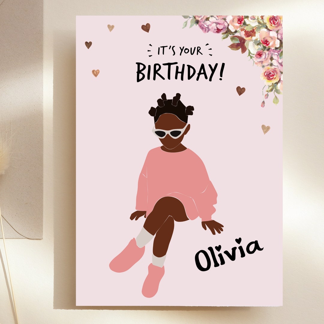 Personalised Birthday Card, Black Girl Greeting Cards, Afro Puffs Girl ...