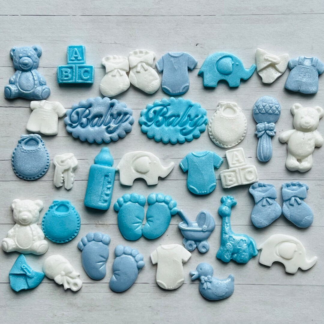 36 Baby Blue and White Edible Sugar Paste Cookie and Cupcake Toppers ...