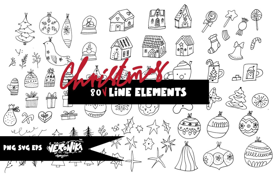 Christmas Line Art Clipart Set | 80 Elements + 10 Patterns | PNG SVG ...