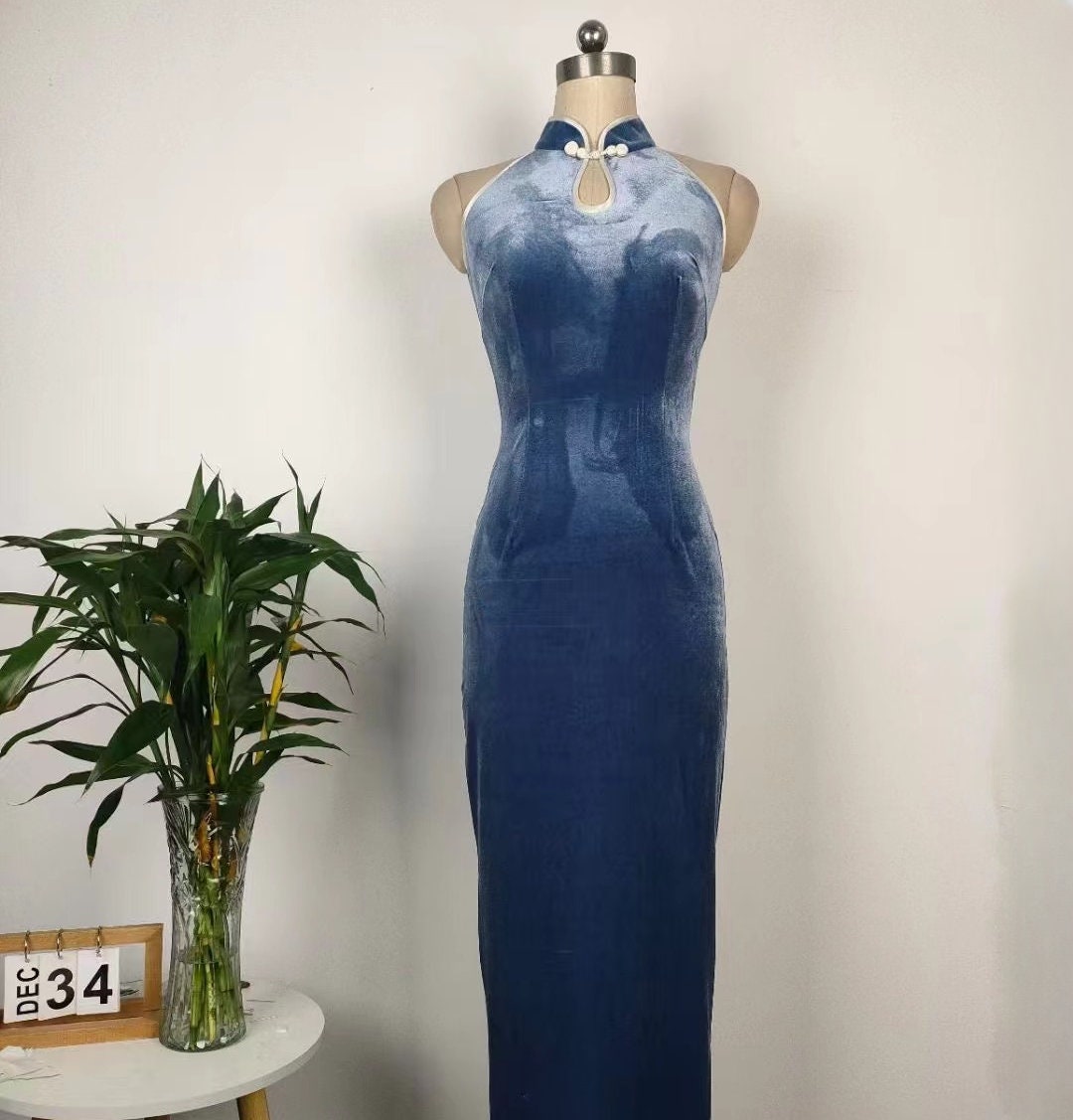 Handmade Custom Cheongsam | Blue Velvet Cheongsam | Evening Dress ...