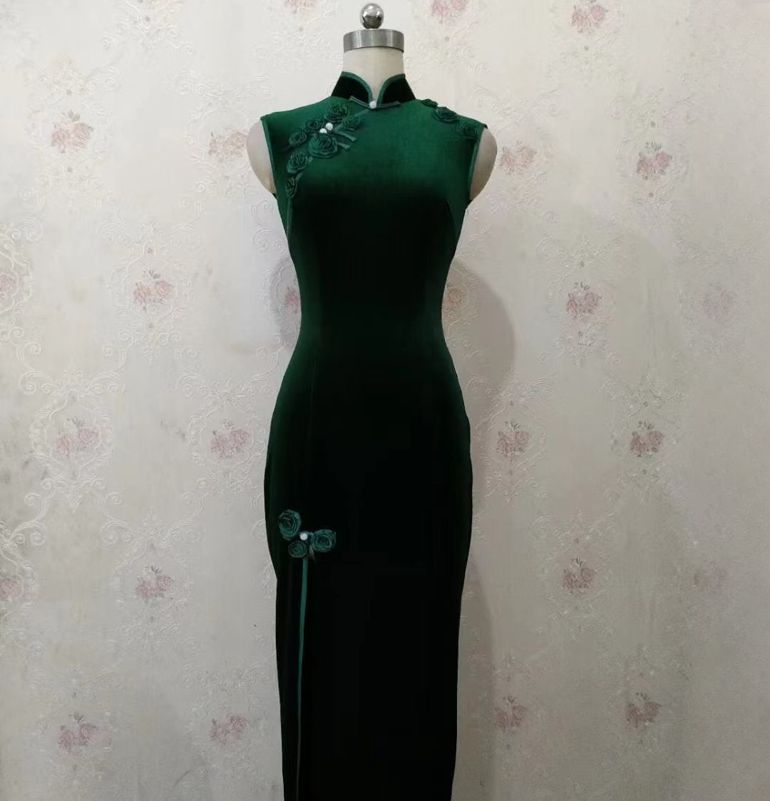 Handmade Custom Vintage Cheongsam Dress | Green Velvet Cheongsam ...
