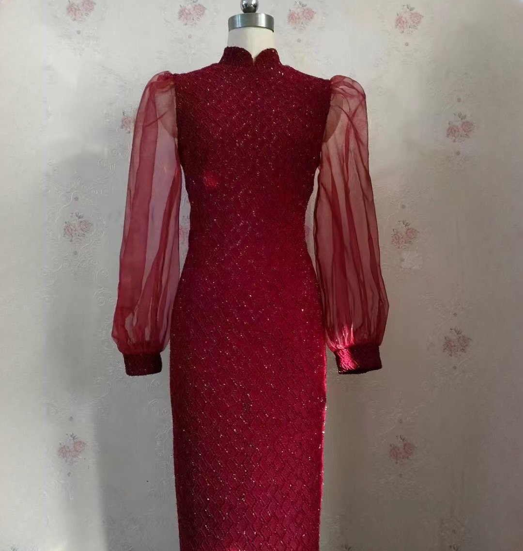 Custom Tailored Red Cheongsam Wedding Dress | Sequined Modern Qipao for the Bride | Tea Ceremony ...