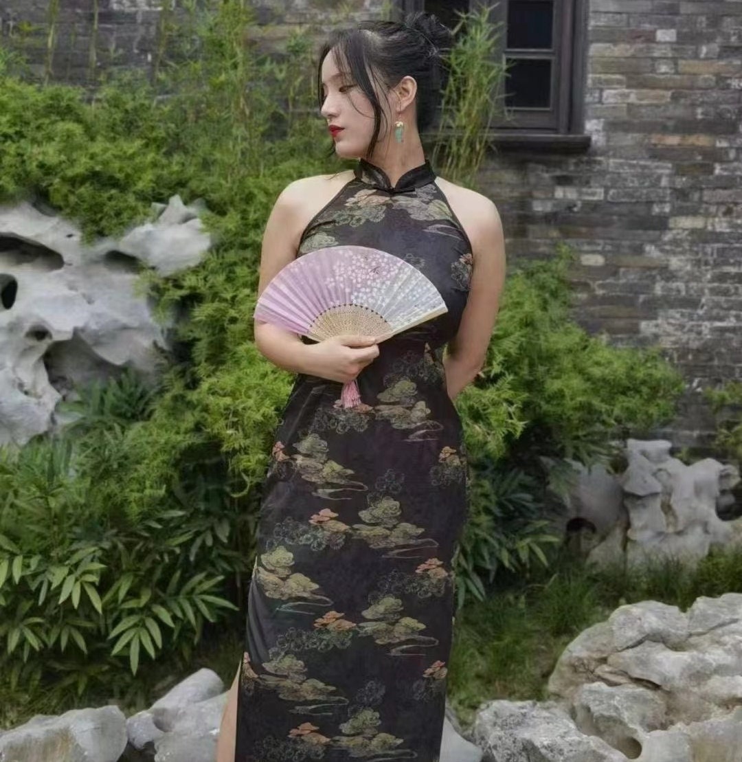 Custom Tailored Cheongsam Dress | Black Floral Modern Qipao | Tea ...