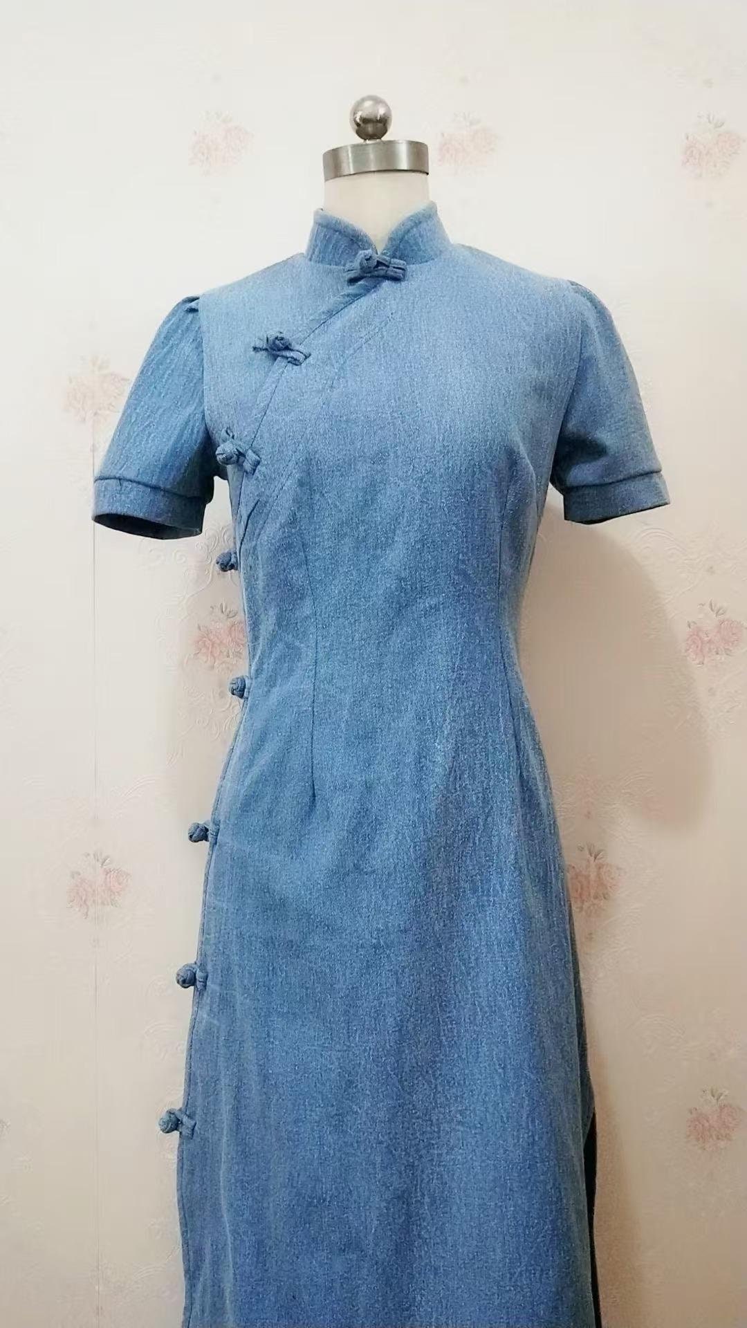 Custom Denim Cheongsam Dress: Handcrafted Vintage Gown - Etsy