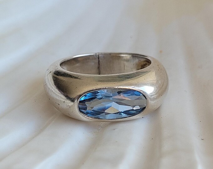 Topaz Blue Ring Sterling Silver, Vintage Chunky Blue Stone Oval Cut 925 ...
