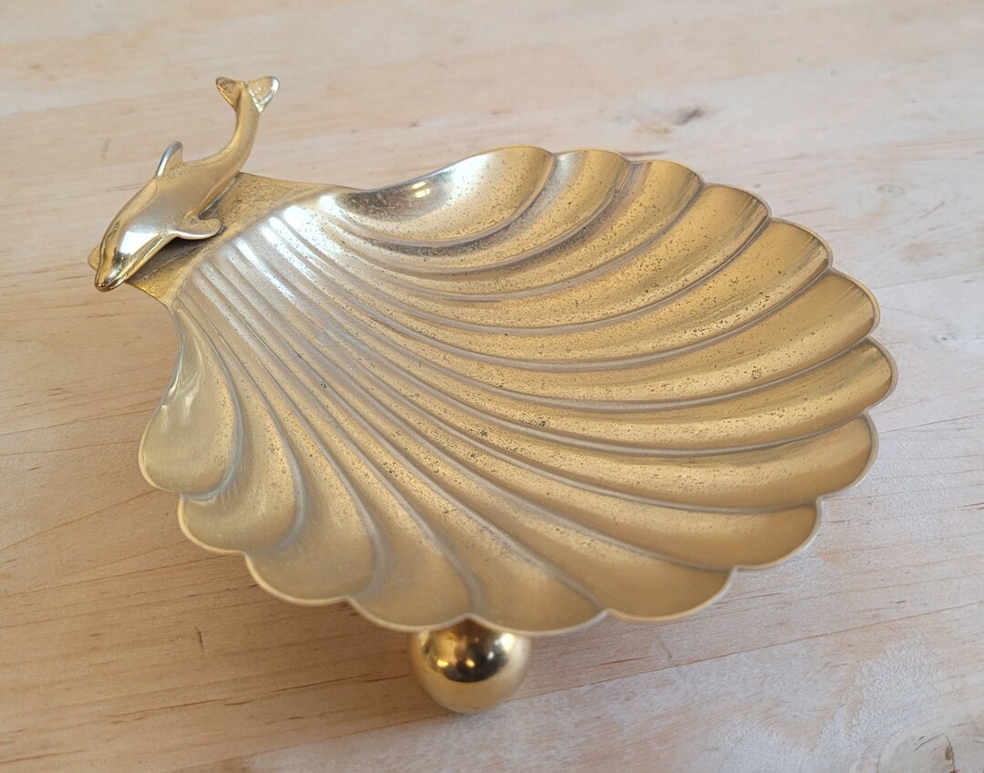 Shell W/ Dolphin Dish Vintage Footed Gold Tone Metal Seashell - Etsy