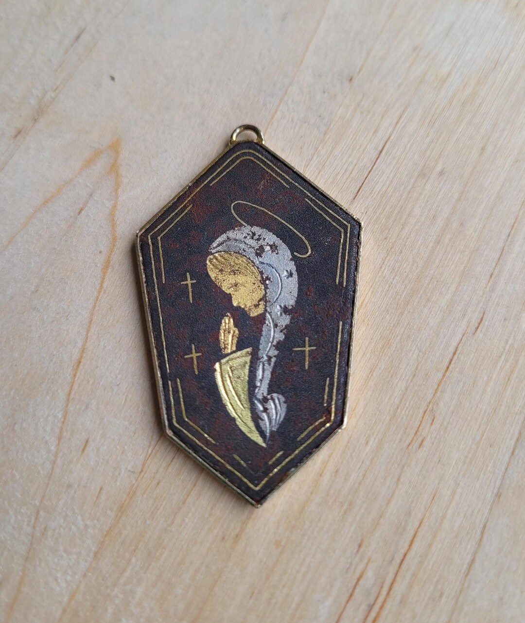 Shale Virgin Mary Pendant, Antique Large Slate & Metal Charm W/ Lady ...