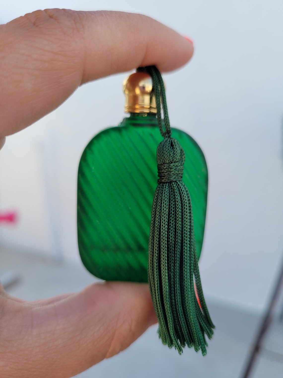 Green Glass Perfume Bottle With Gold Lid and Tassel Vintage | Etsy