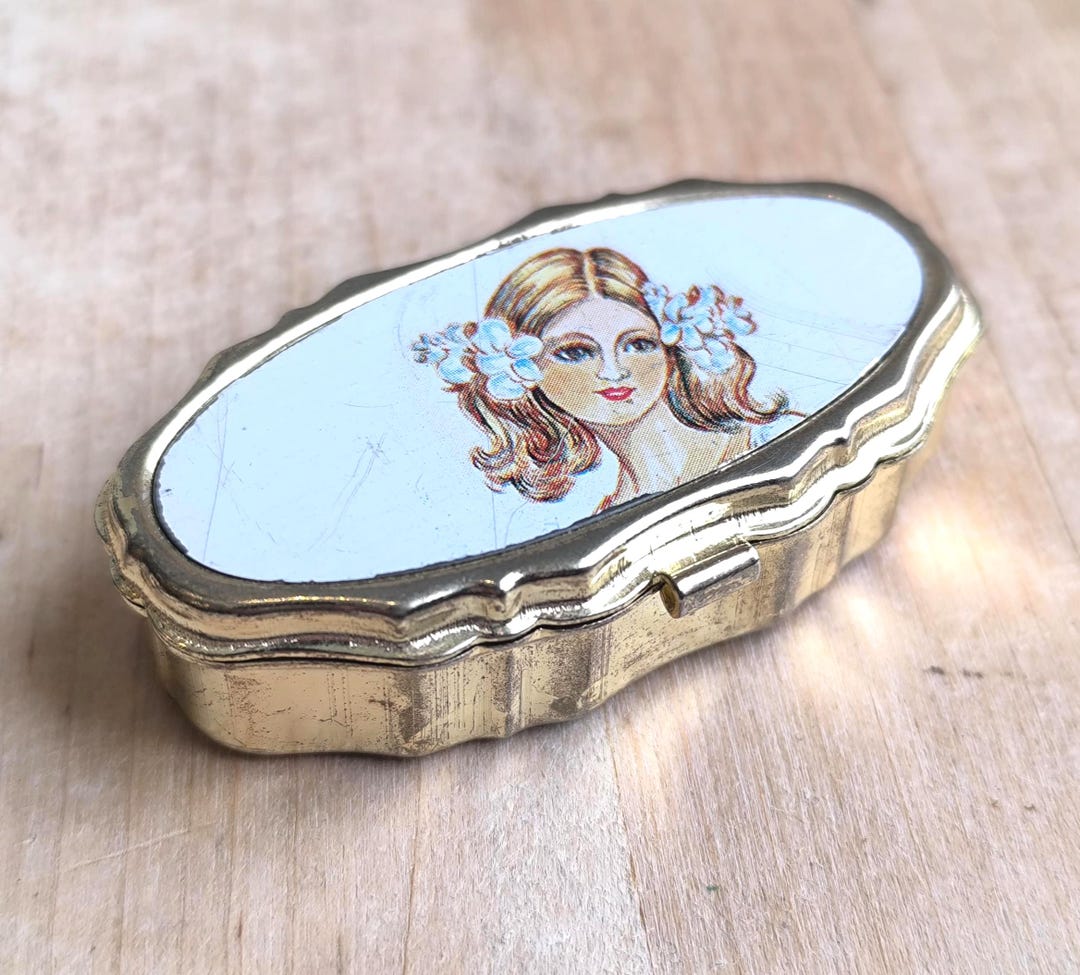 Vintage 1970s Romantic Lady Pill Box, Gold Tone Metal Trinket Box, Hong ...