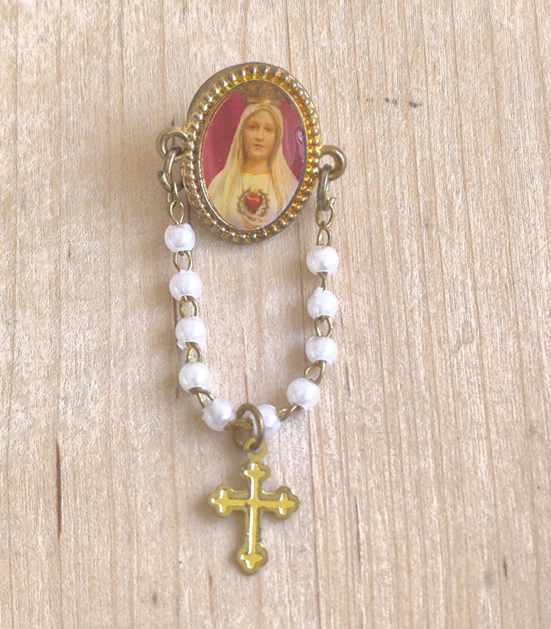Vintage Rosary Pin: Immaculate Mary Medal, Faux Pearl Beads - Etsy