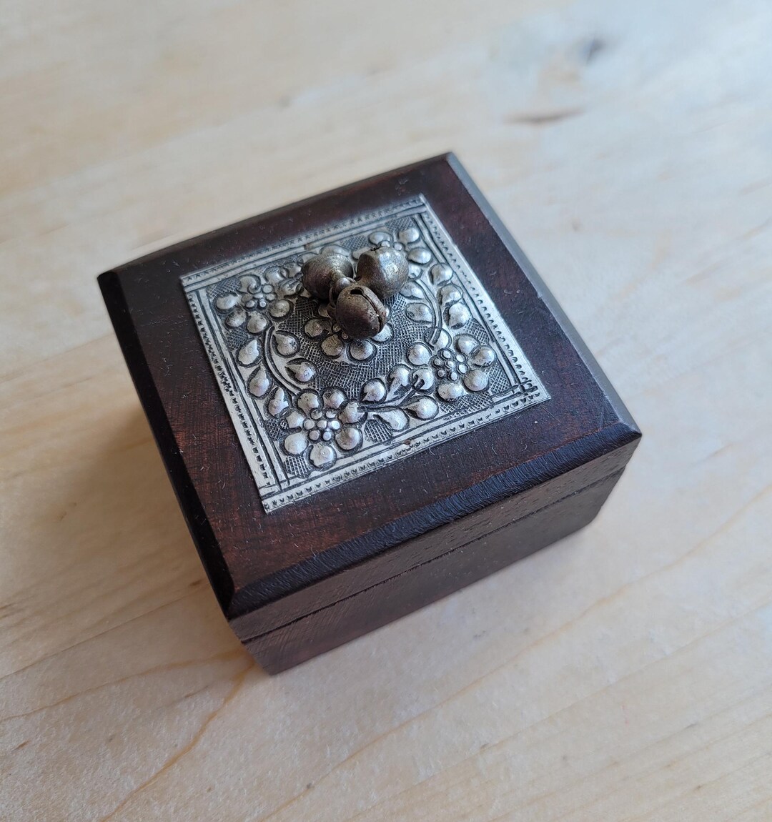 Wooden & Bells Trinket Box, Vintage Embossed Floral Metal W/ 3 Mini ...