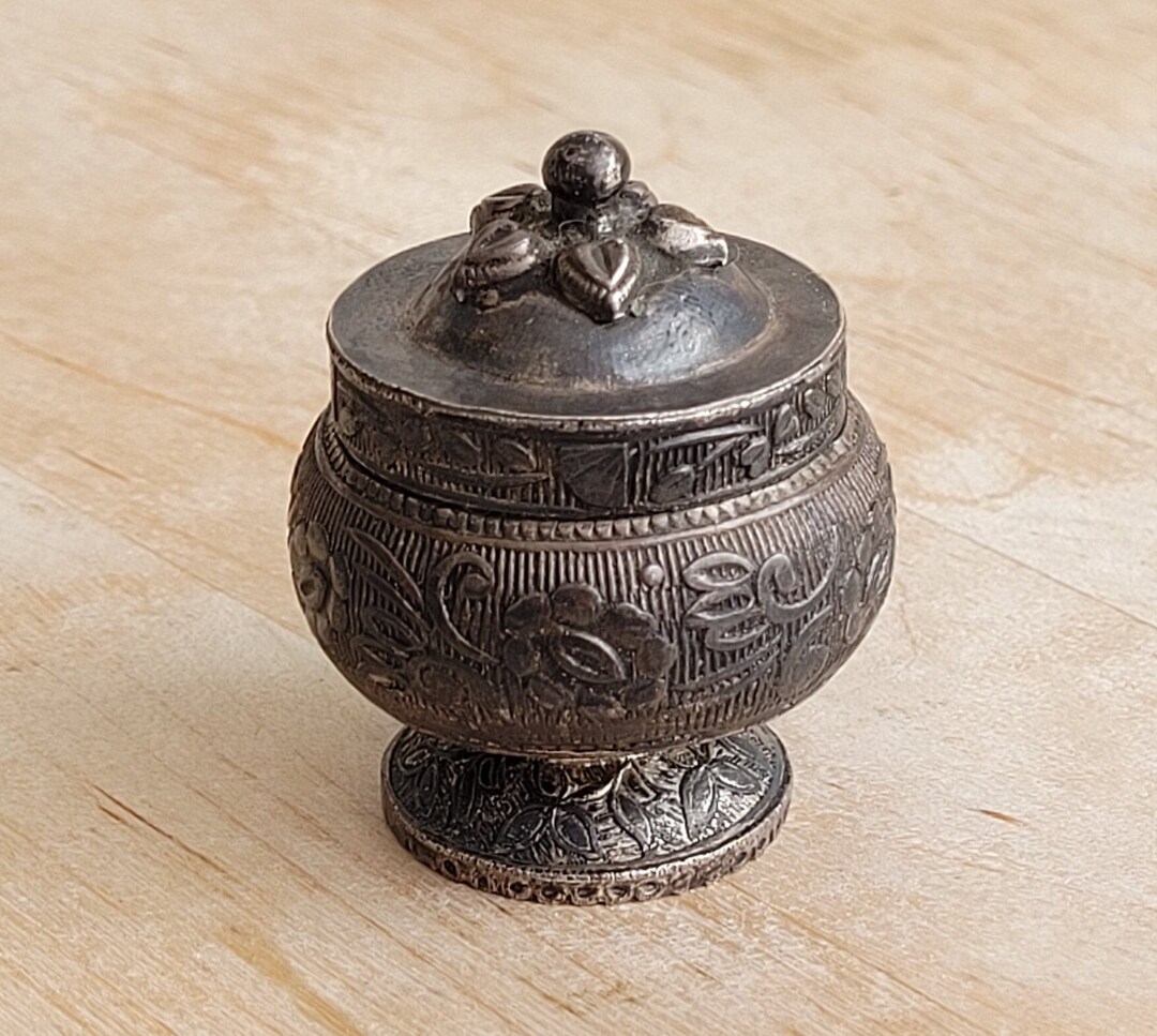 Art Nouveau Solid Silver Pill Box, Antique Dark 800 Silver Mini Trinket ...