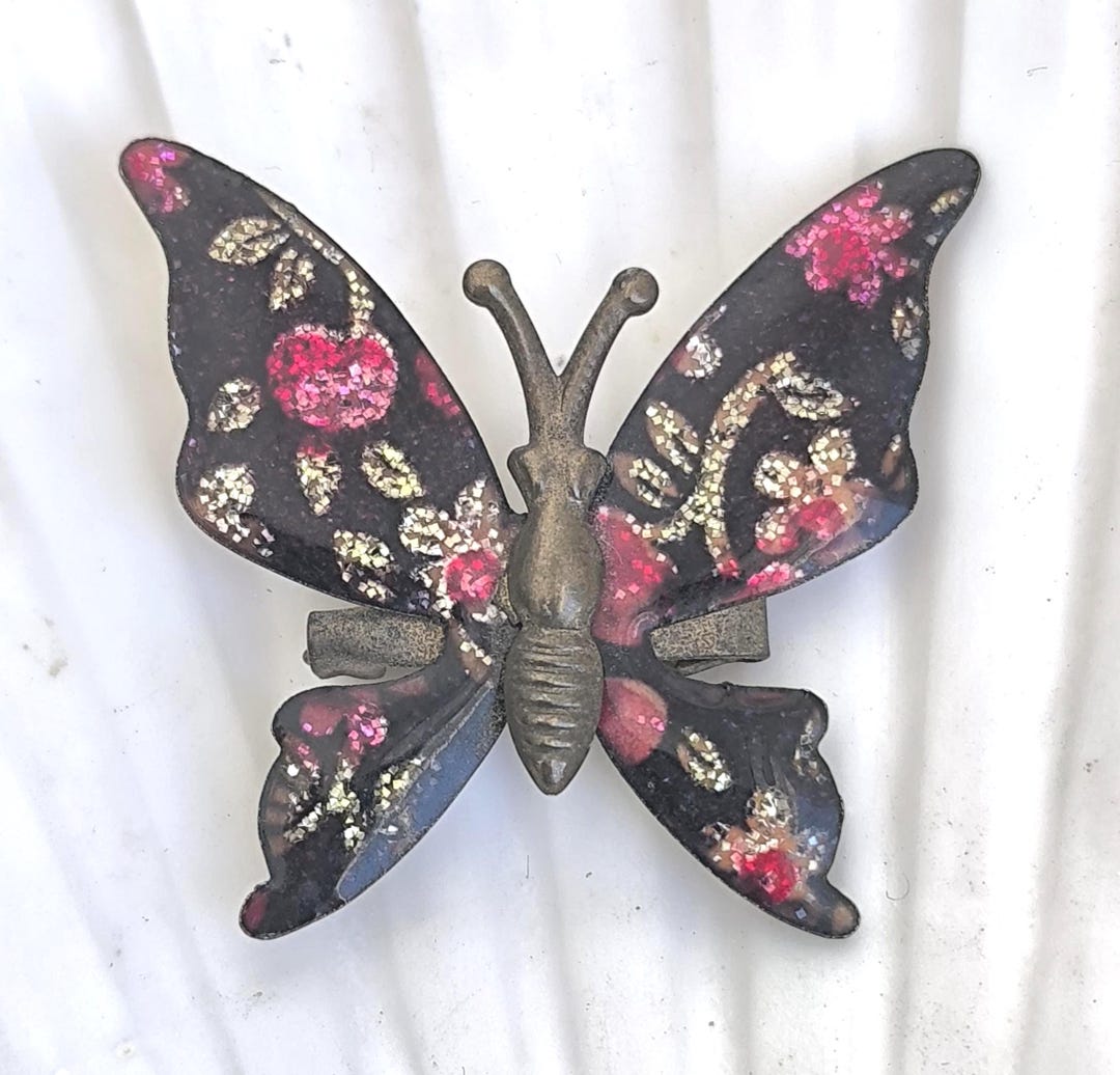 1970s Enamel Butterfly Brooch Black Pink Gold Over Brass, Vintage ...