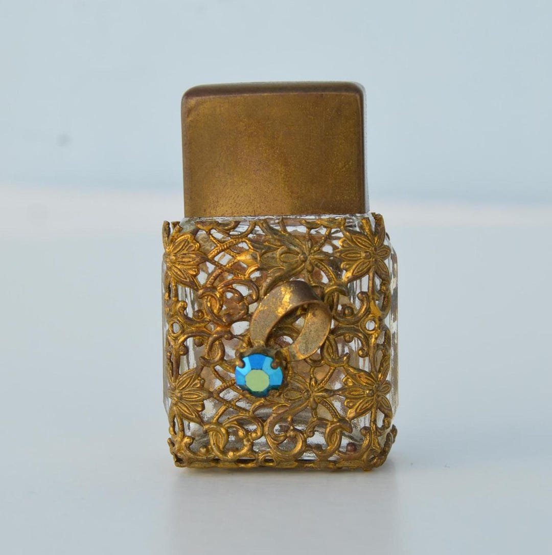 Art Nouveau Small Perfume Bottle, Antique Glass & Golden Filigree With ...