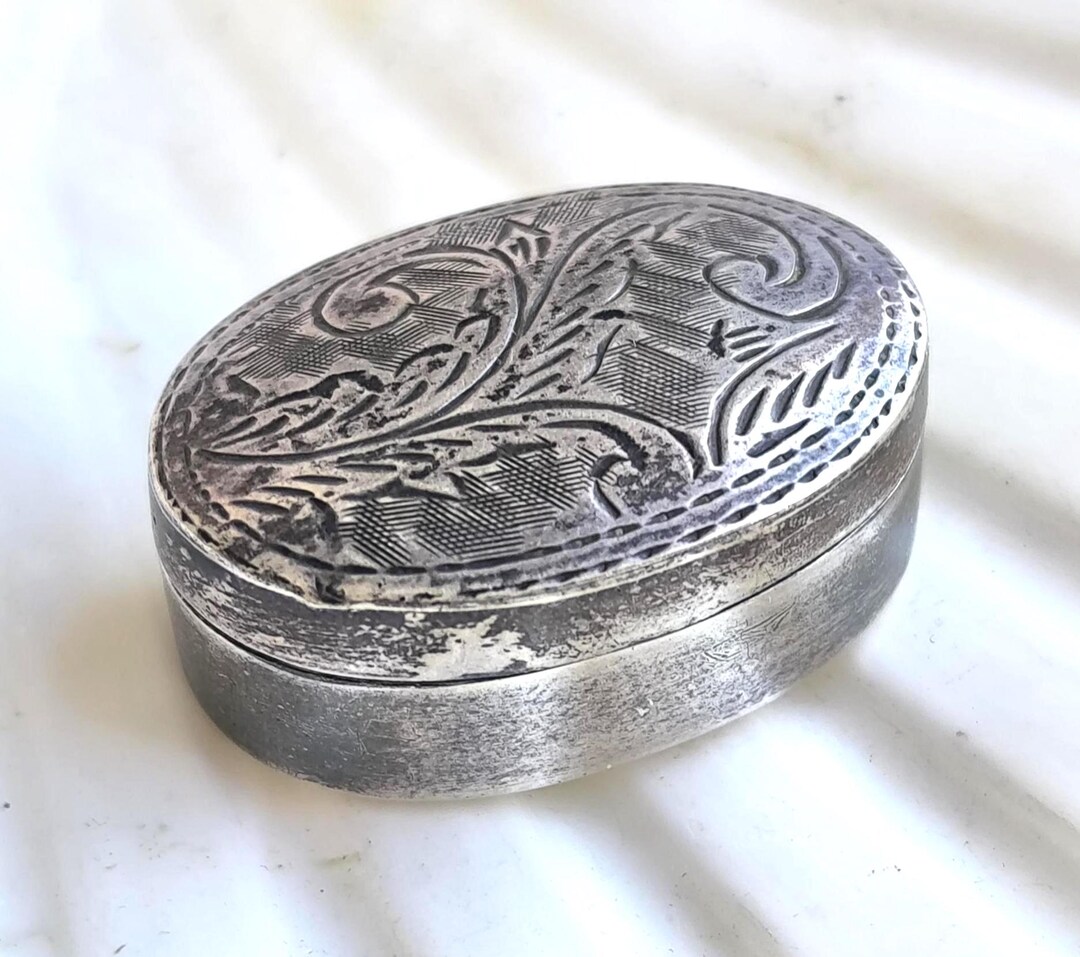 Vintage Sterling Silver Oval Pill Box – 1980s Engraved Chased Lid, 925 ...