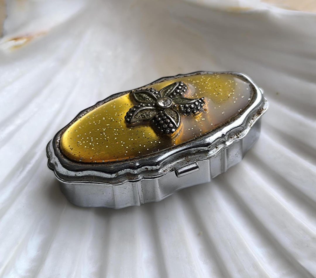 Vintage Enamel Pill Box: Jasmine Flower Rhinestone Travel Container - Etsy