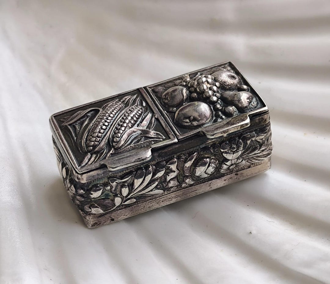 Antique Double Sterling Silver Pill Box Vintage Rectangular Two