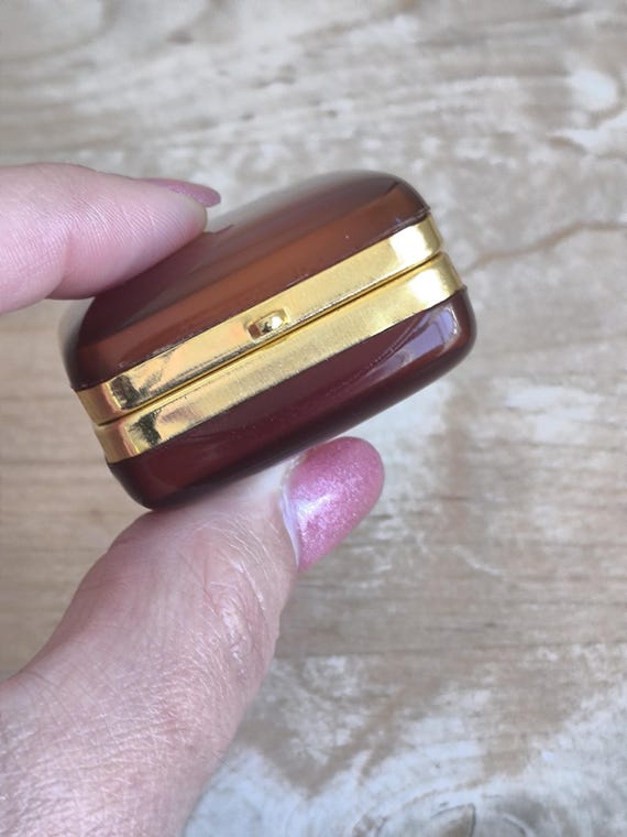 1970s Celluloid Pill Box, Vintage Square Case in Ambe… - Gem