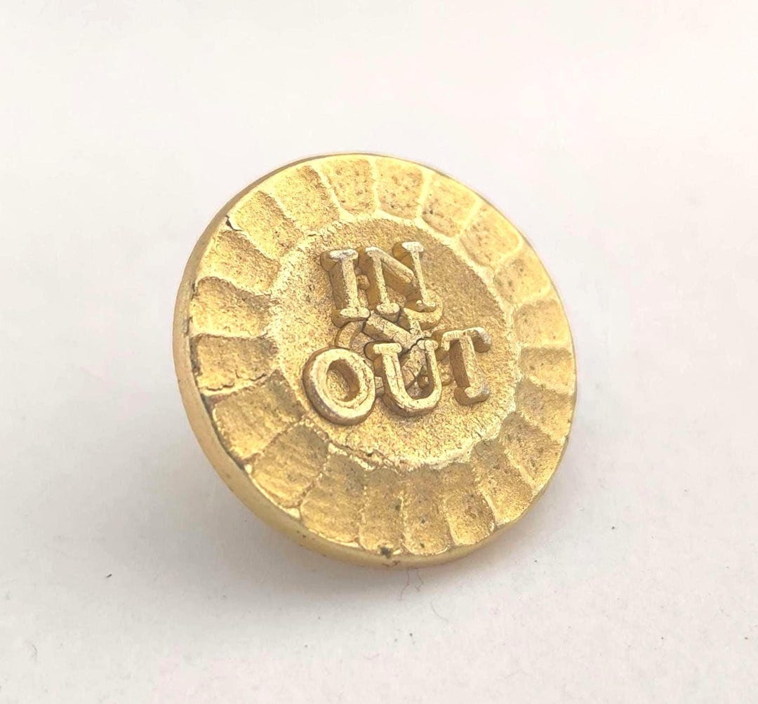 Antique IN & OUT Pin Ballou Reg'd, Vintage Gold Tone Round Lapel Pin ...