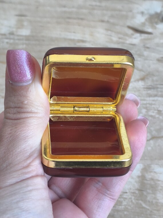 1970s Celluloid Pill Box, Vintage Square Case in Ambe… - Gem
