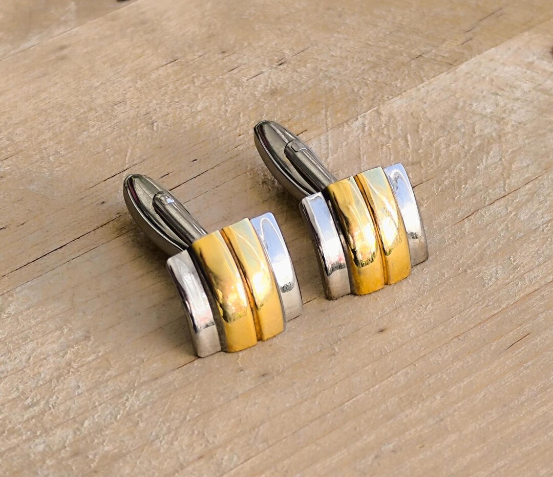 Two Tone Cufflinks, Vintage Rectangle Striped Gold and Silver Tone Cuff ...