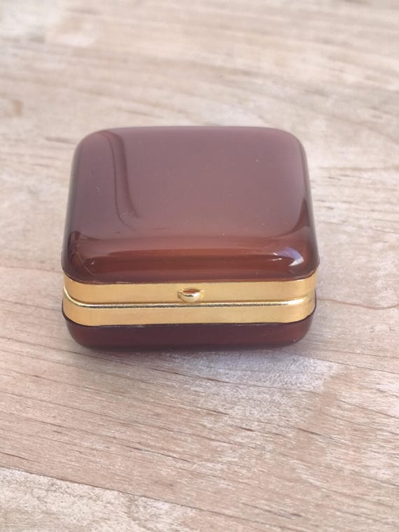 1970s Celluloid Pill Box, Vintage Square Case in Ambe… - Gem