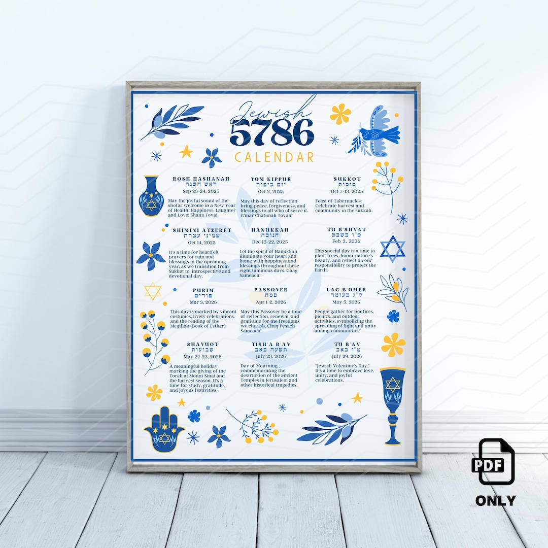 Jewish Calendar 5786 Jewish Poster 2025 2026 Rosh Hashanah New Year ...