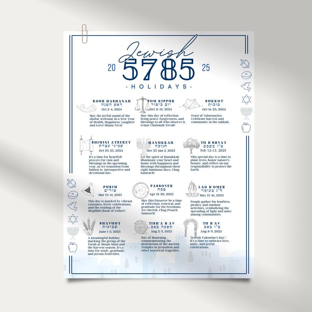 Jewish Calendar 5785 Jewish Poster 2024 2025 Rosh Hashanah New Year ...