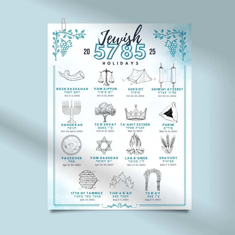 Jewish Calendar 5785 Jewish Poster 2024 2025 Rosh Hashanah New Year ...