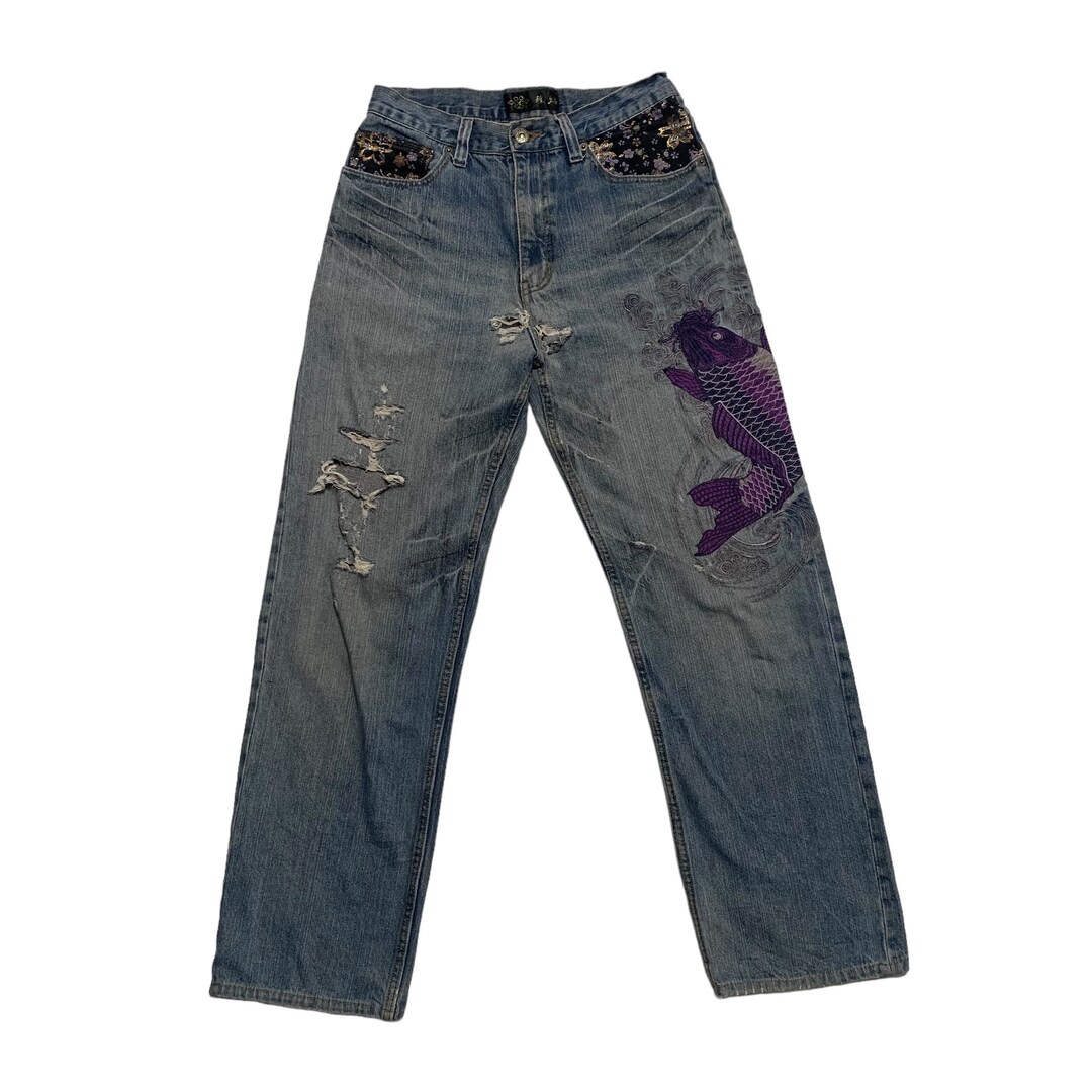 Japanese Brand Embroidery Koi Fish Jeans - Etsy